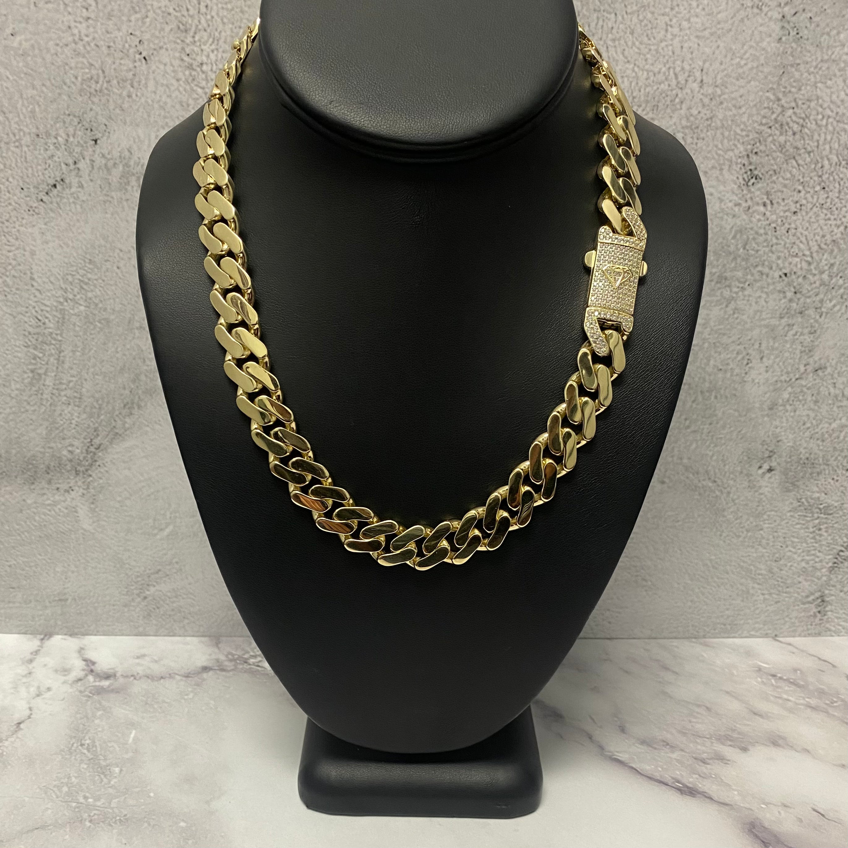 14K Yellow Gold Monaco Cuban Link Chain With Zircons / 50.3gr / 13.4mm ...